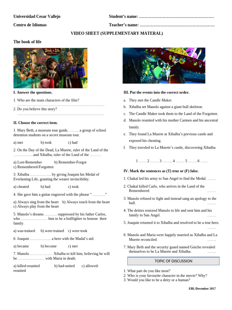 Video Sheet The Book of Life | PDF