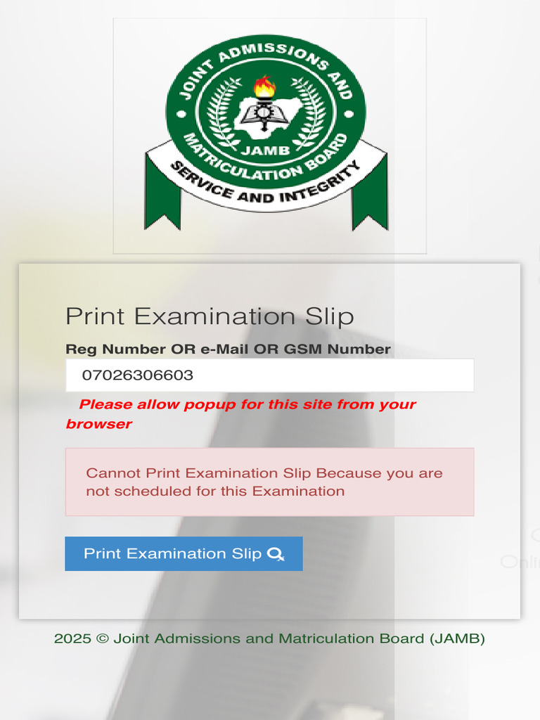 JAMB - Print Examination Slip | PDF