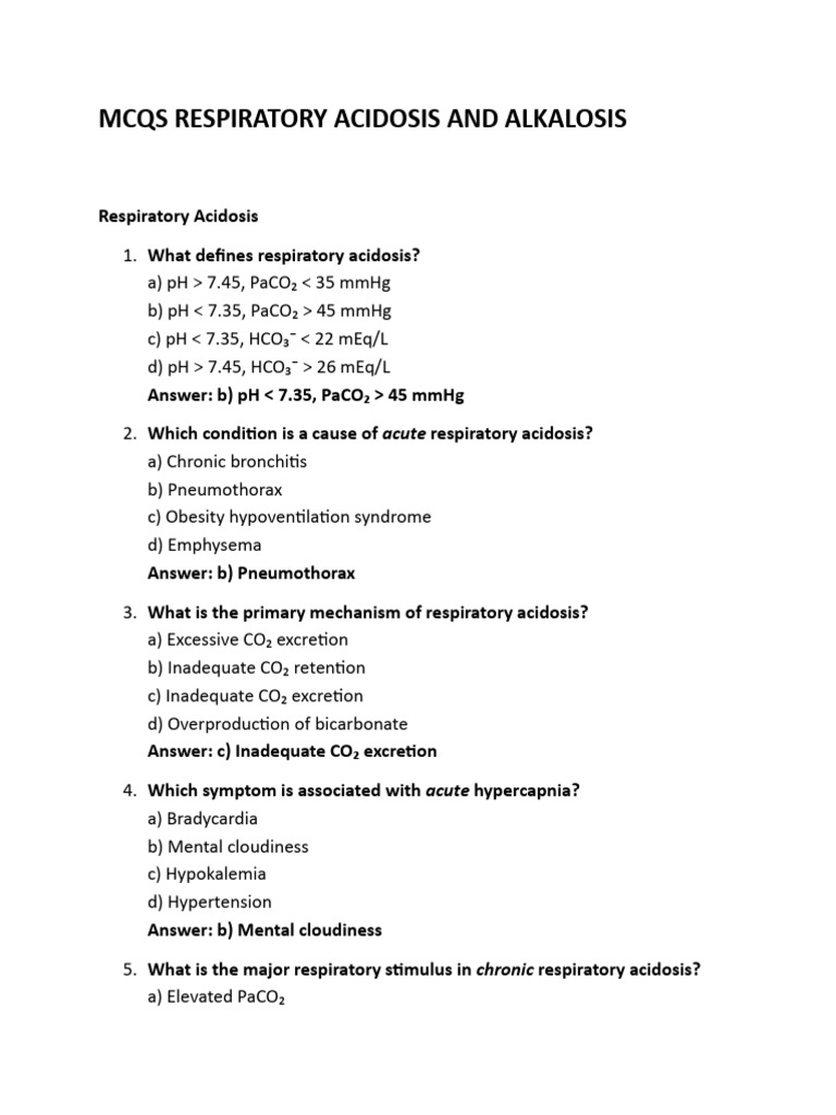 MCQS Respiratory Acidosis and Alkalosis | PDF | Respiratory Diseases ...