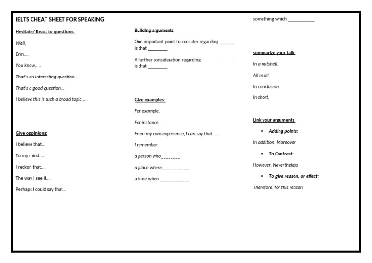 IELTS Speaking Cheat Sheet Guide | PDF
