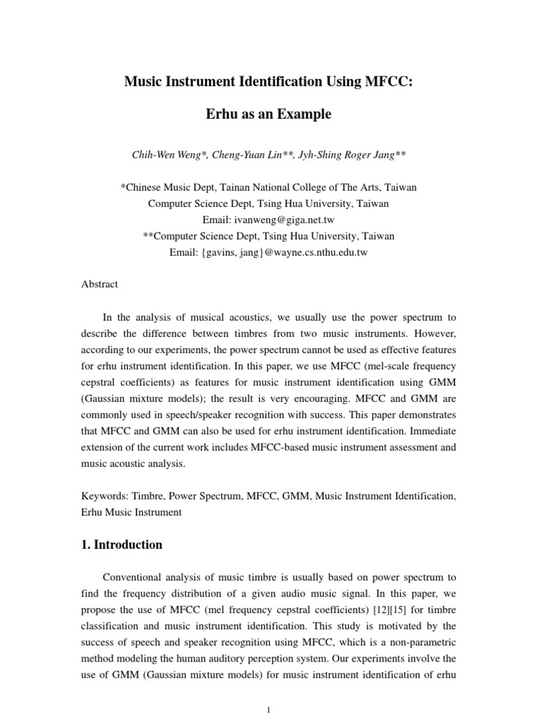 Music Instrument Identification Using MFCC: Erhu As An Example | PDF ...