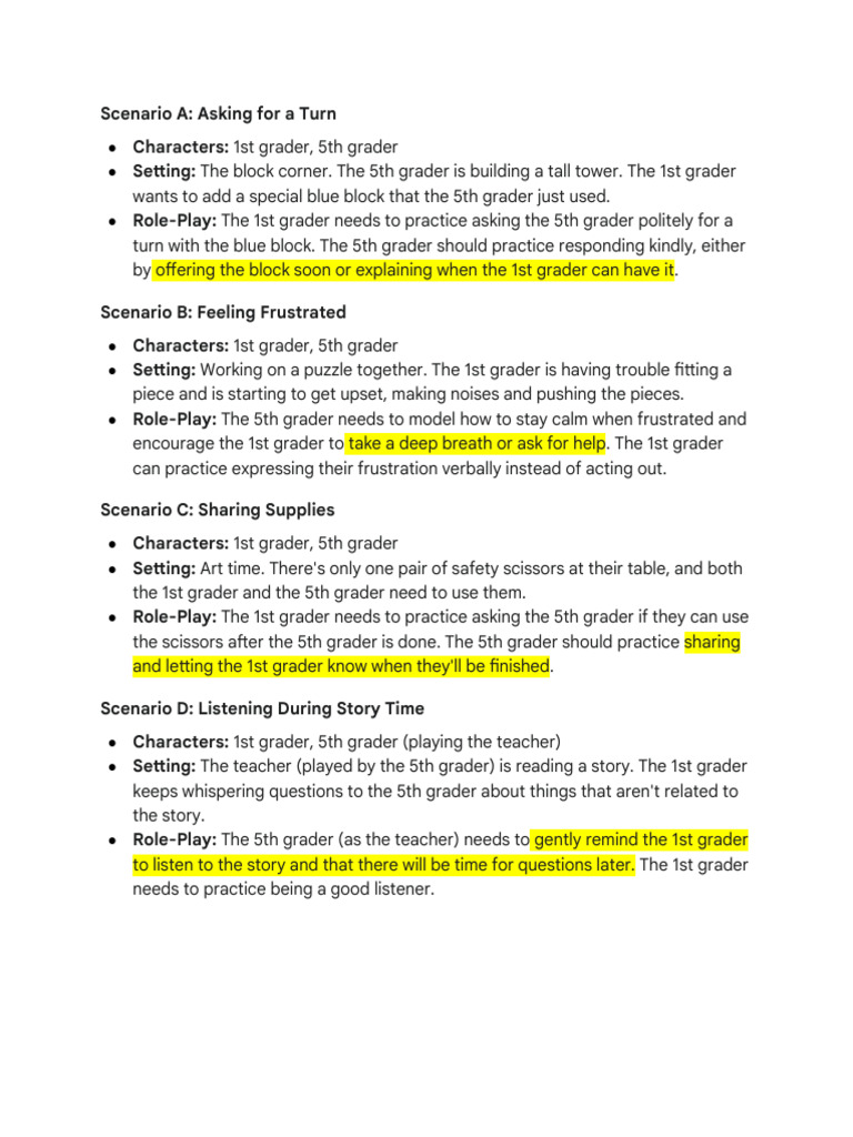Role-Playing Scenarios For 5th and 1st Graders | PDF