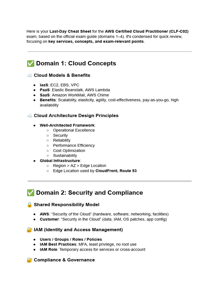 Last-Day Cheat Sheet For The AWS Certified Cloud Practitioner (CLF-C02) Exam | PDF | Cloud ...