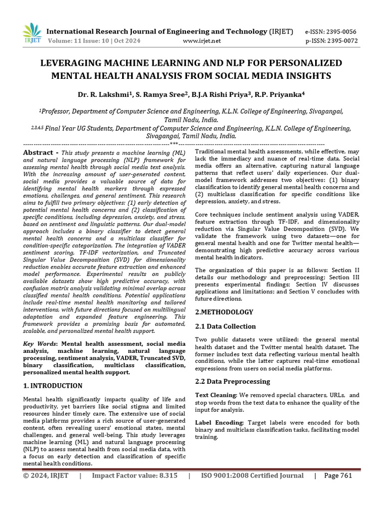 Leveraging Machine Learning and NLP For Personalized Mental Health Analysis From Social Media ...