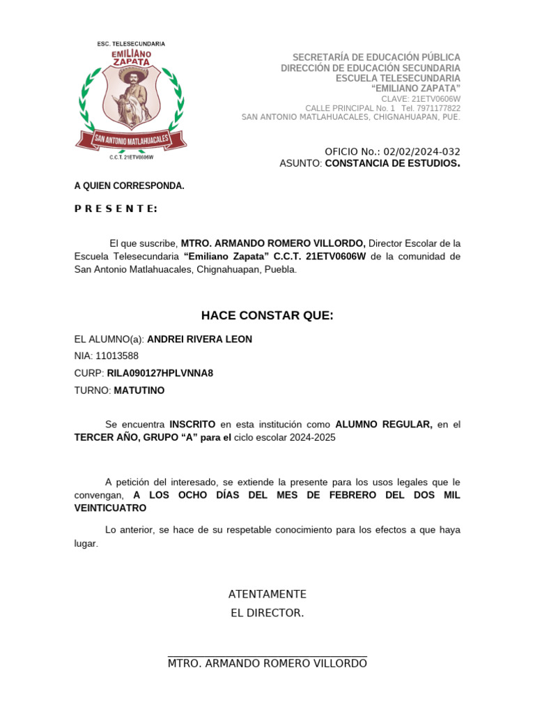 Constancia de Estudios Andrei Rivera | PDF