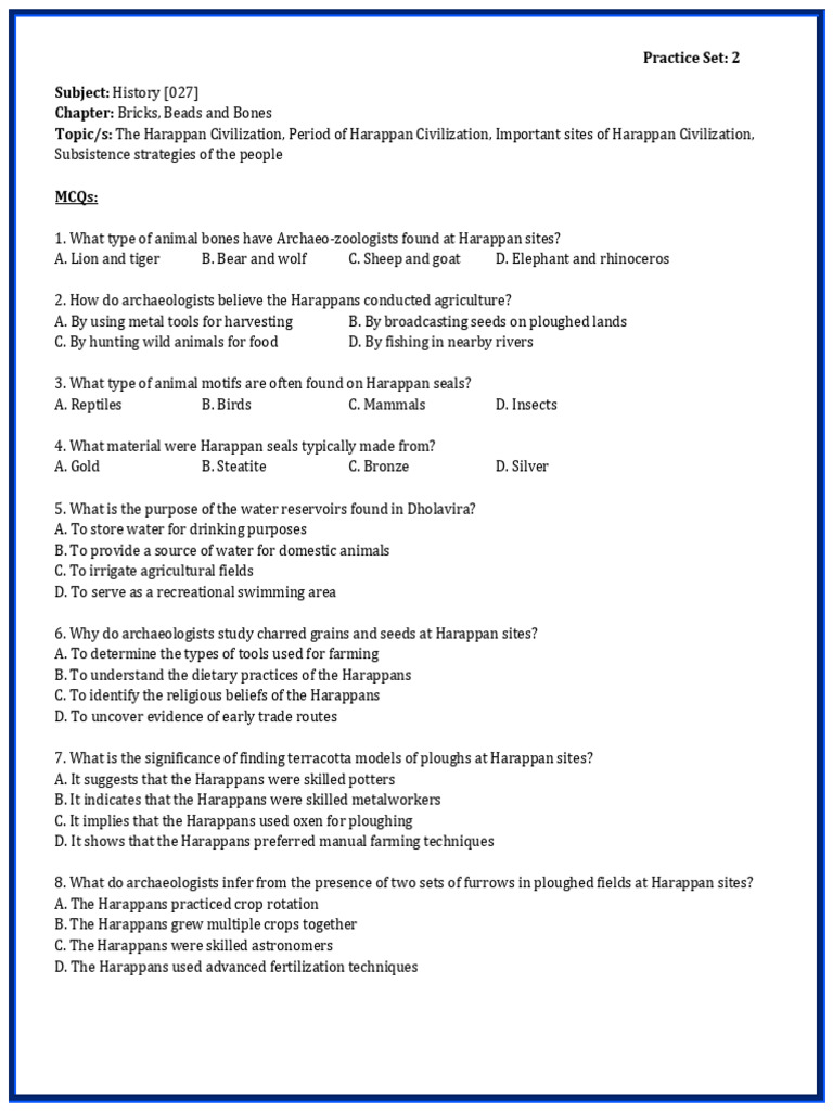 Harappan Civilization Worksheets for Grade 4 | PDF