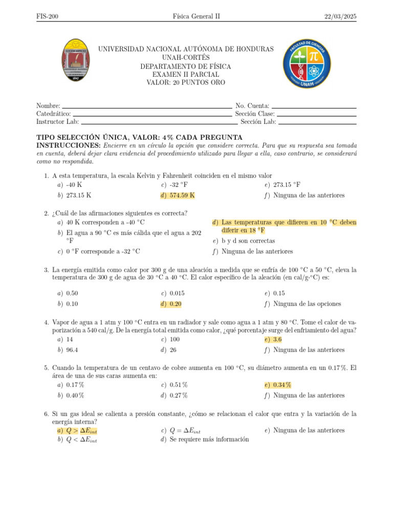 Respuestas Examen Ii Parcial FS 200 I Pac 2025 250418 145336 | PDF | Temperatura | Calor