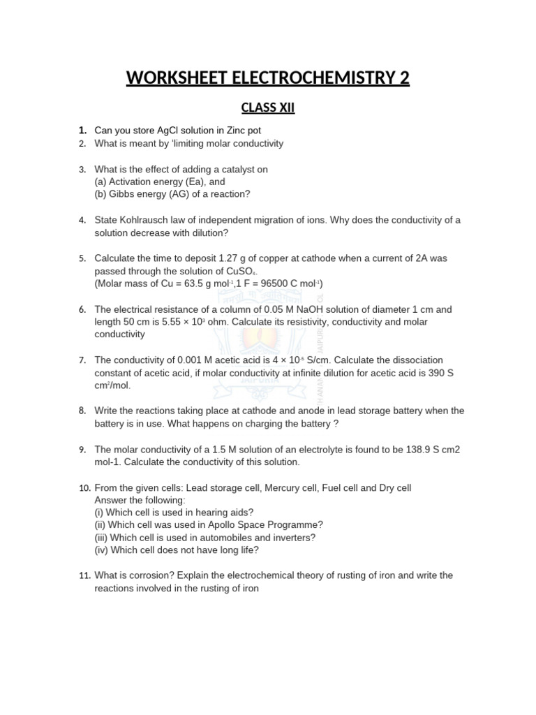 Worksheet Electrochemistry 2 | PDF