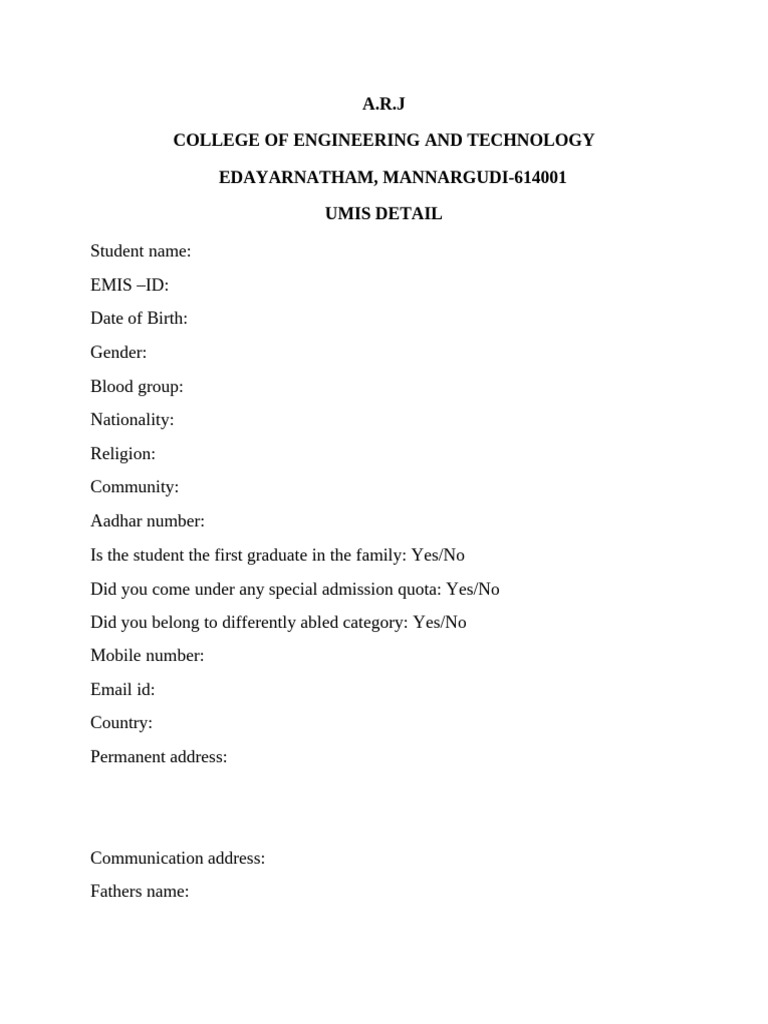 Umis Registration Form | PDF