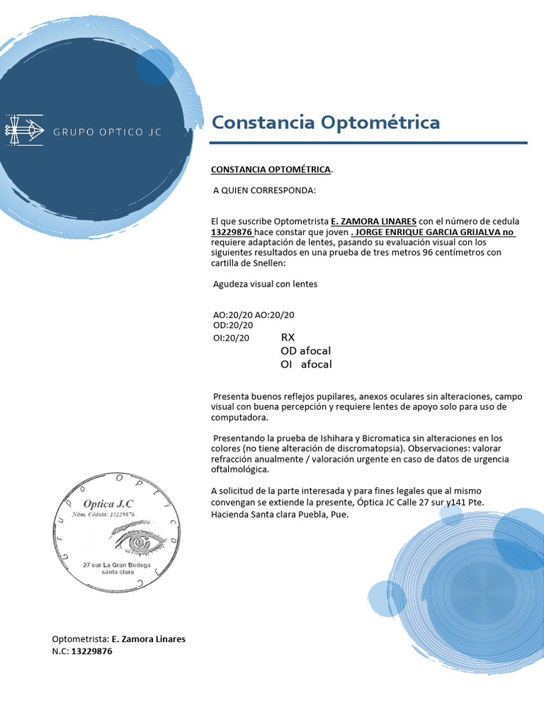 Constancia Optométrica de Jorge García | PDF