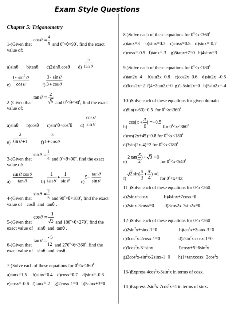 Chapter 5 Trigonometry Exam Style Questions | PDF | Mathematics | Elementary Mathematics