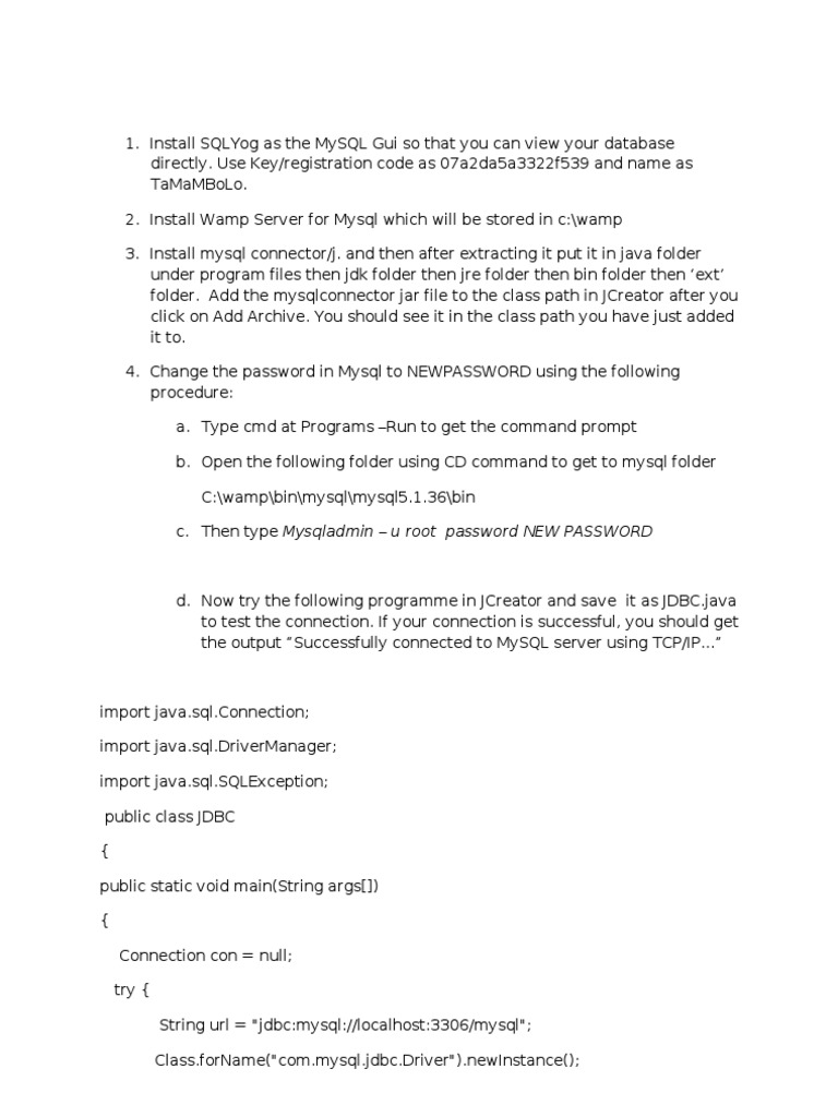 MySQL Setup and Java JDBC Guide | PDF | My Sql | Sql