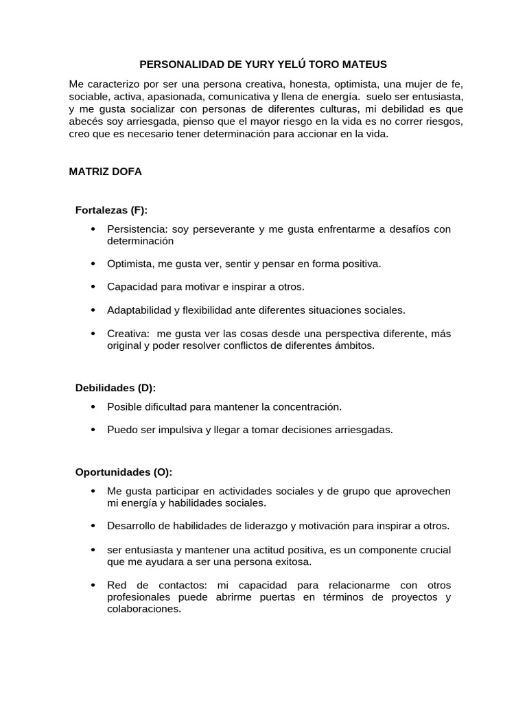 Matriz Dofa Yury Yelú Toro Mateus | PDF | Liderazgo | Gestión del tiempo