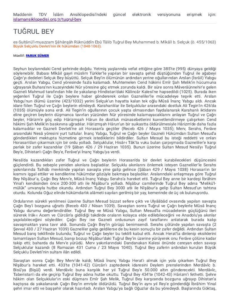 TUĞRUL BEY - TDV İslâm Ansiklopedisi | PDF