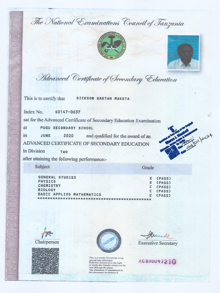 Dickson Gaetan Maketa A - Level Certificate | PDF