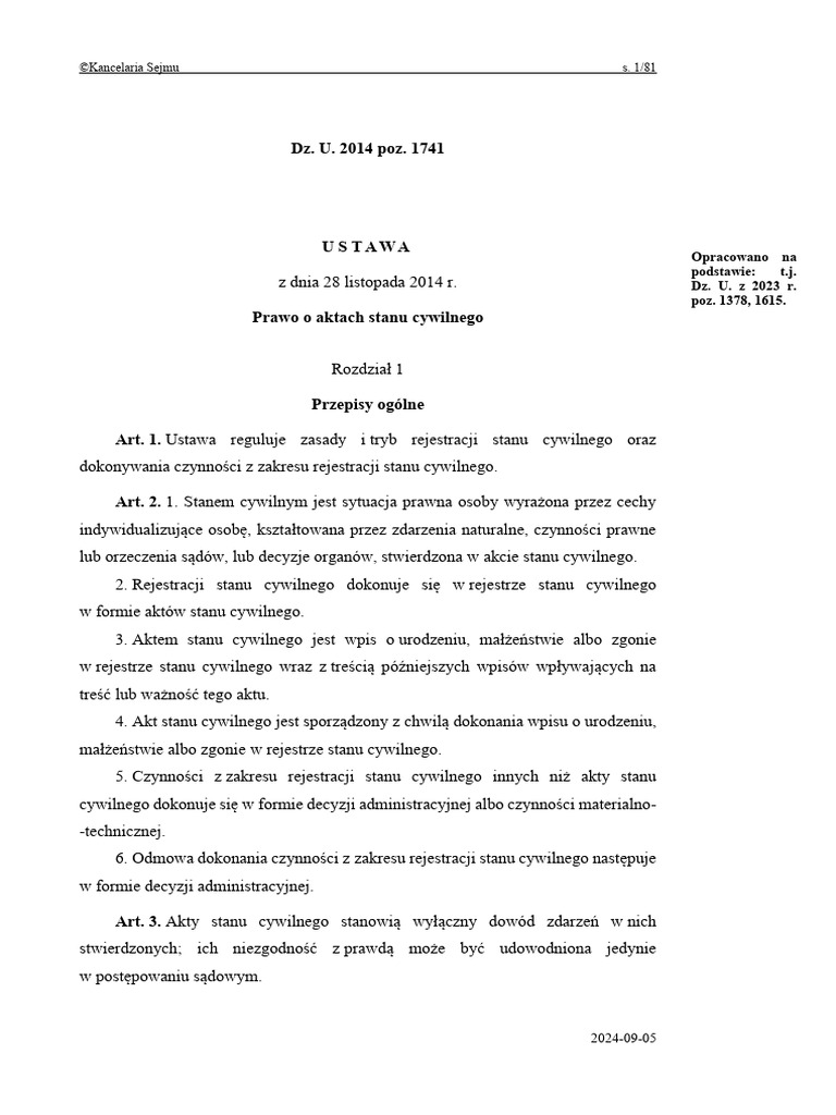 Ustawa o Aktach Stanu Cywilnego | PDF