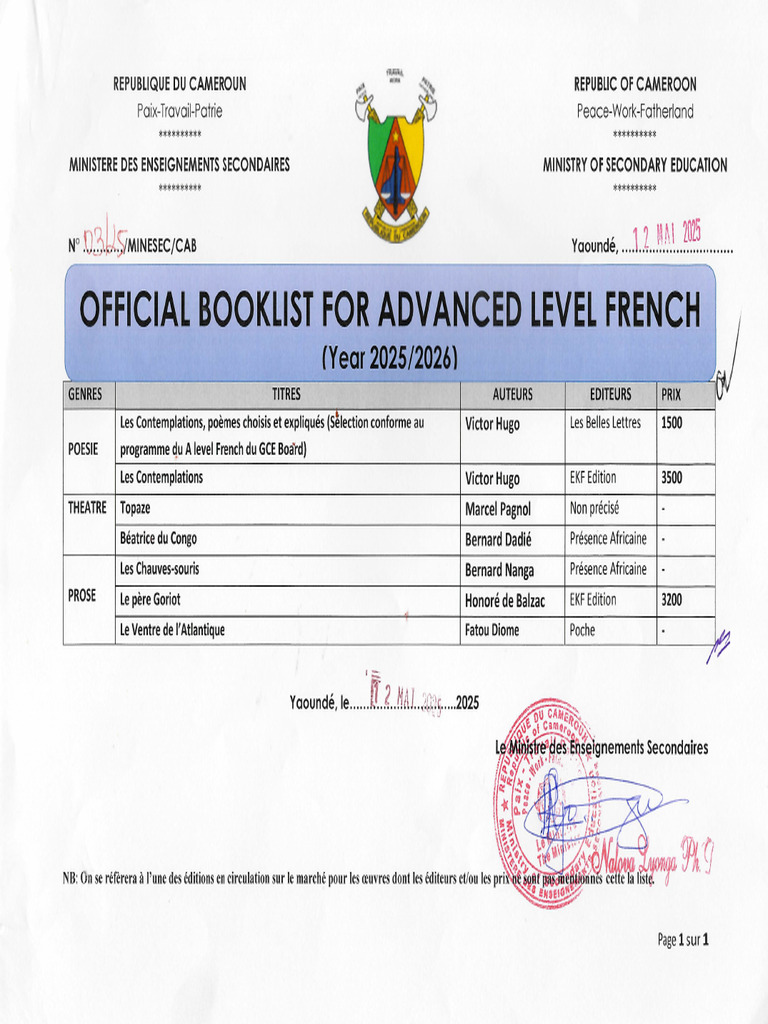 French Advanced Level Booklist 2025 | PDF