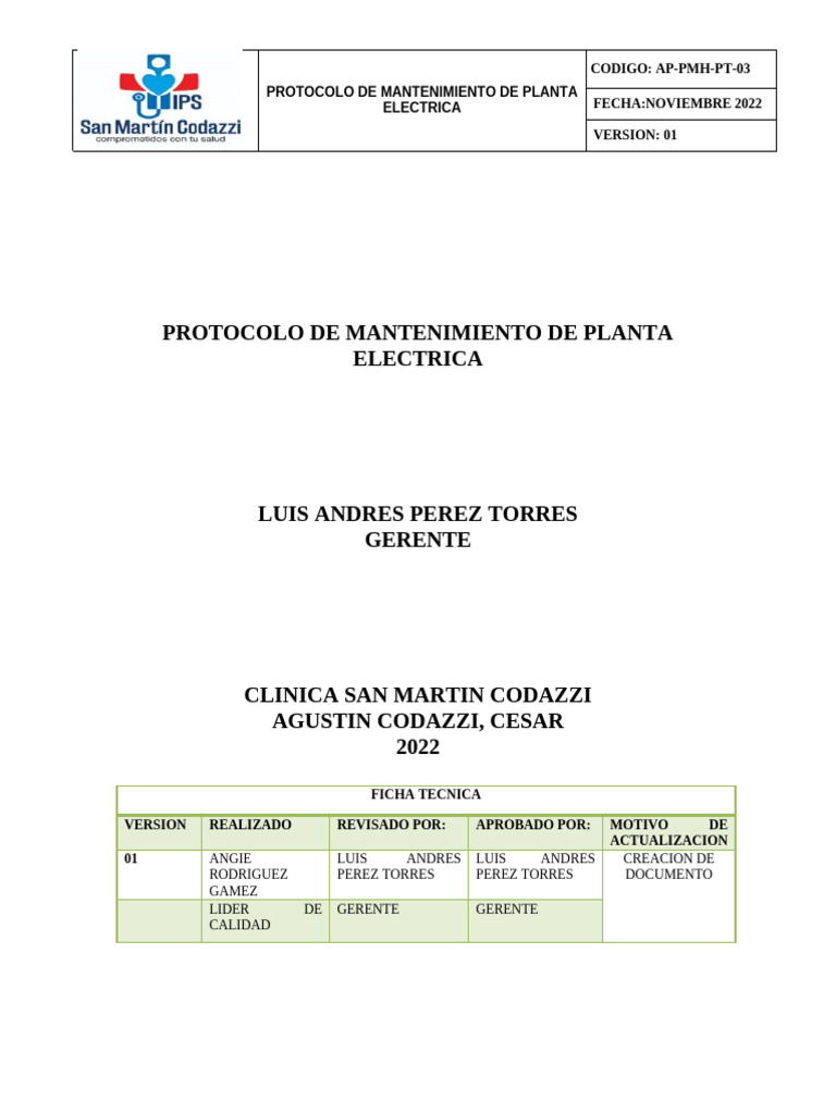 Protocolo Mantenimiento Planta | PDF | Ingenieria Eléctrica | Corriente eléctrica