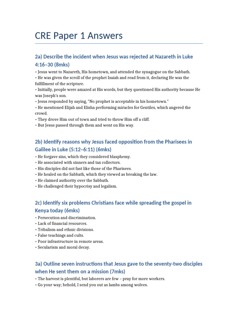 CRE Paper Answers Section2 To 4 | PDF | Jesus | Disciple (Christianity)