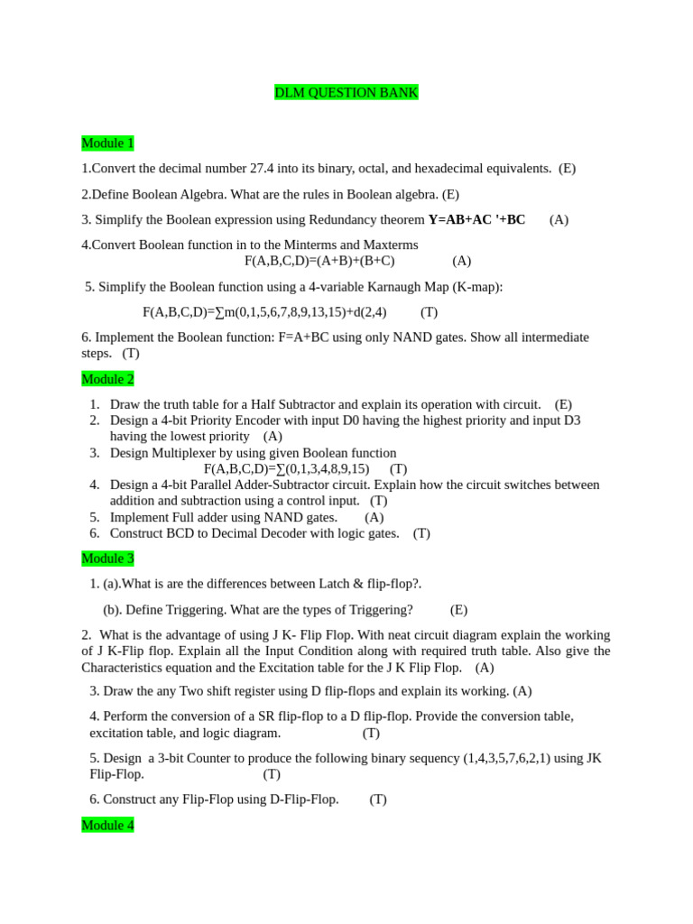 DLM Question Bank: Digital Logic & 8086 Assembly | PDF | Boolean ...