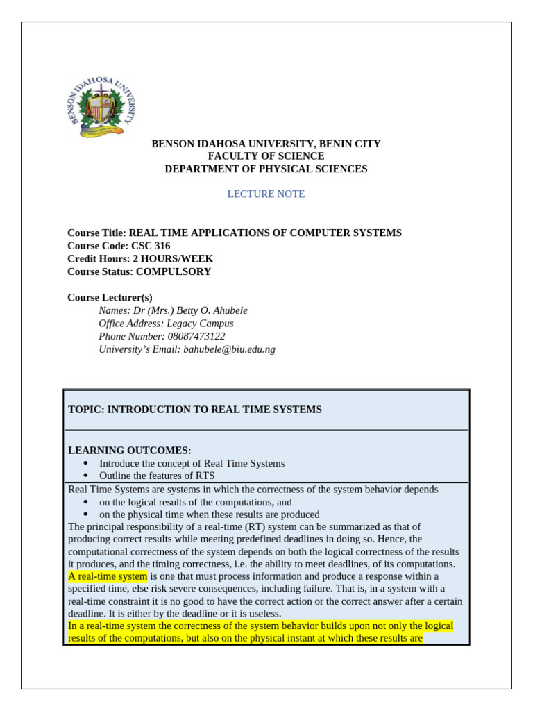 CSC 316 WEEK 1( REAL TIME APPLICATION OF COMPUTER SYSTEMS | PDF | Real Time Computing | System