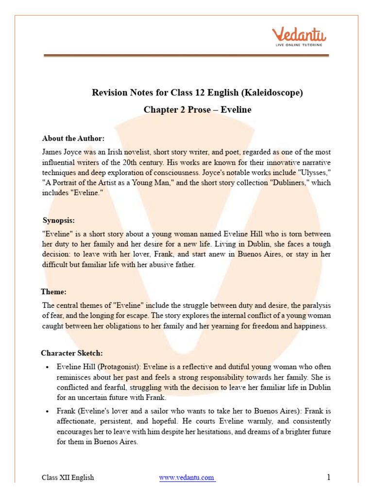 English Class 12 Chapter 2 (Prose) Eveline by James Joyce Summary PDF ...