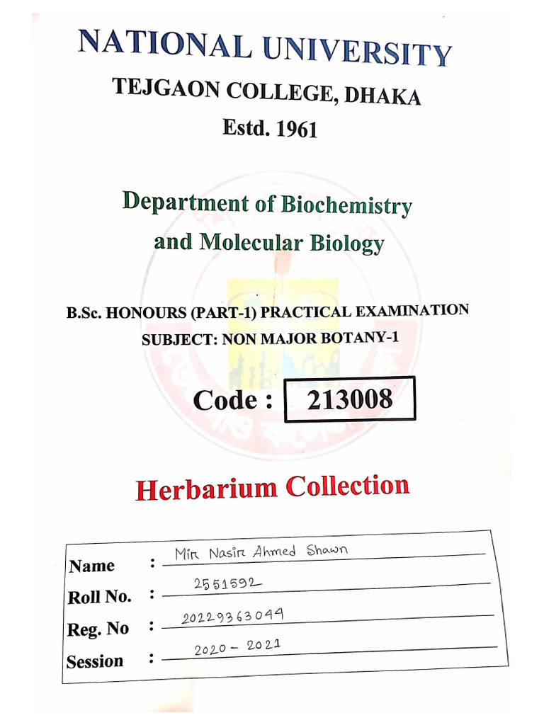 Herbarium Collection (Label) Botany Part - 1 (Non-Major) | PDF