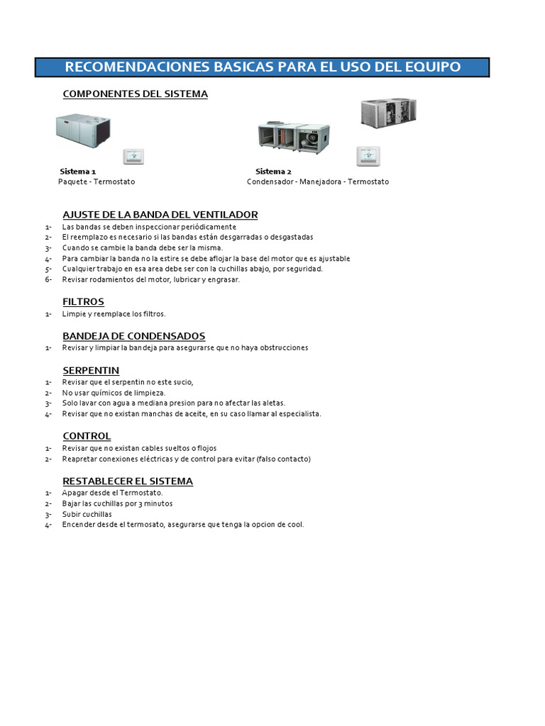 Recomendaciones de Operacion Paquete y Manejadora Trane | PDF