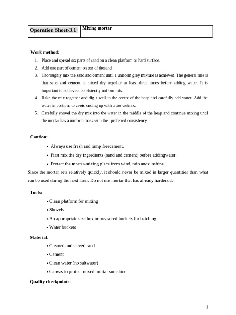 Operation Sheet SCW II 2017 | PDF | Brick | Mortar (Masonry)