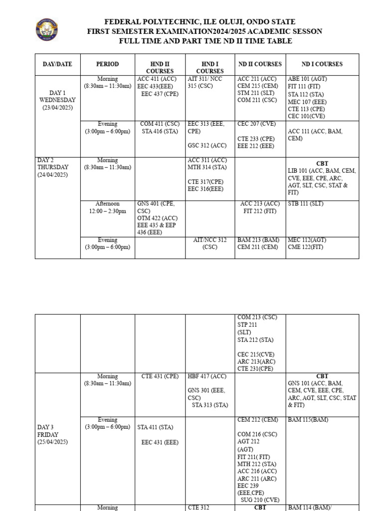 Final Time Table For Full and ND 2 Part Time Students - 063418 | PDF
