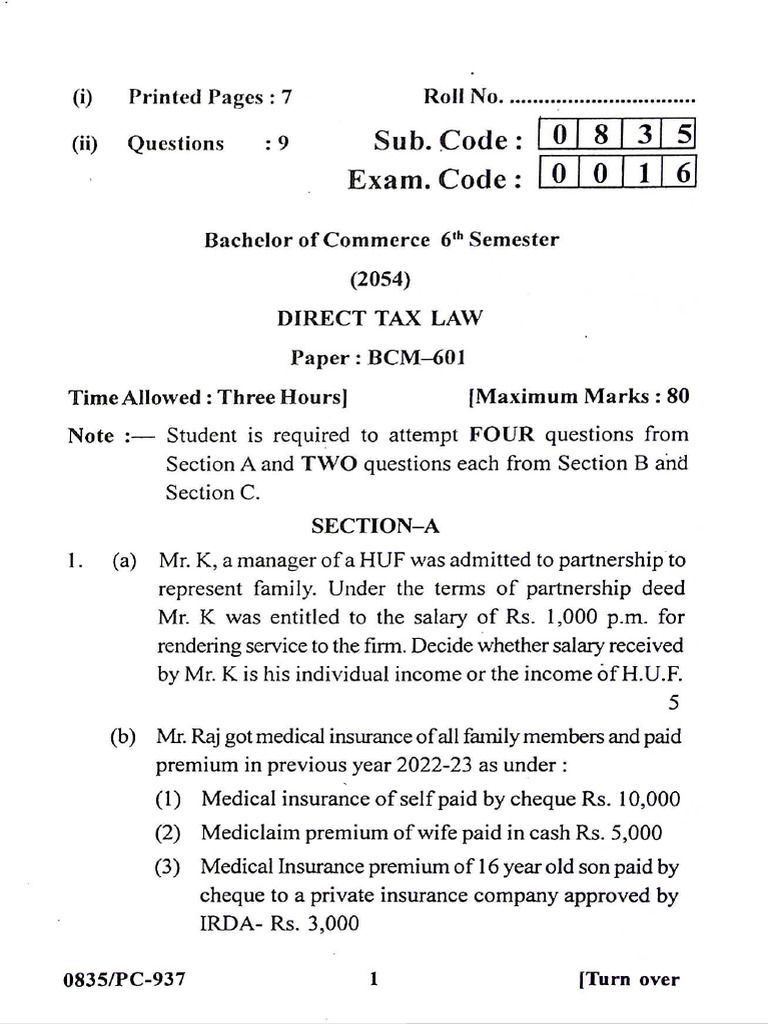 BCom - 6th Sem - BCM-601 - Direct Tax Law - May 2024 | PDF