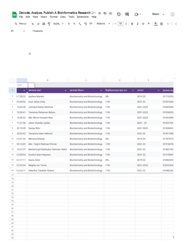 Decode Analyze Publish A Bioinformatics Research Workshop Responses Google Sheets | PDF