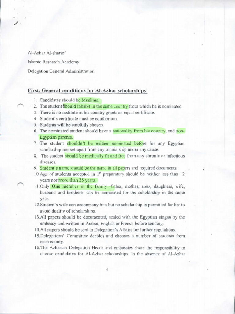 General Condition For Al-Azhar Scholarship | PDF