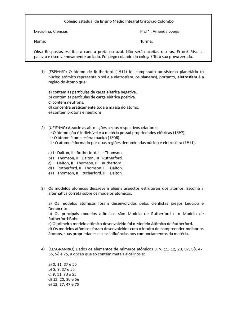 Prova 8 ano - Ciencias (1) | PDF