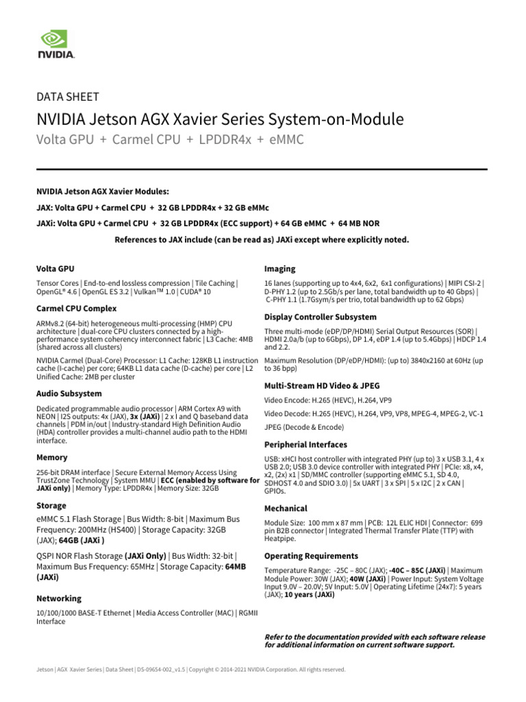 NVIDIA Jetson AGX Xavier Series System-on-Module: Volta GPU + Carmel CPU + LPDDR4x + eMMC | PDF ...