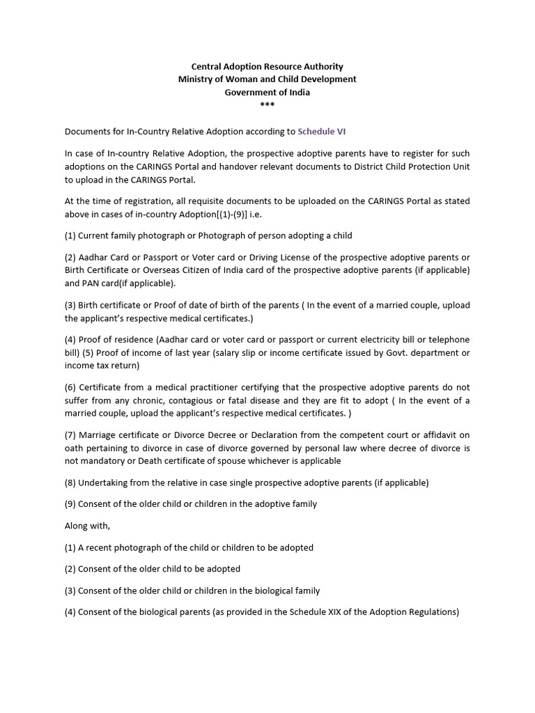 Documents For In-Country Relative Adoption According To Schedule VI ...