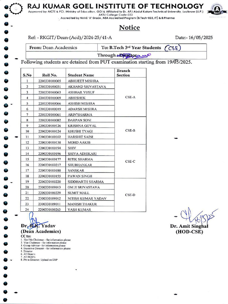CSE 3rd Year Detained List - 0001 | PDF