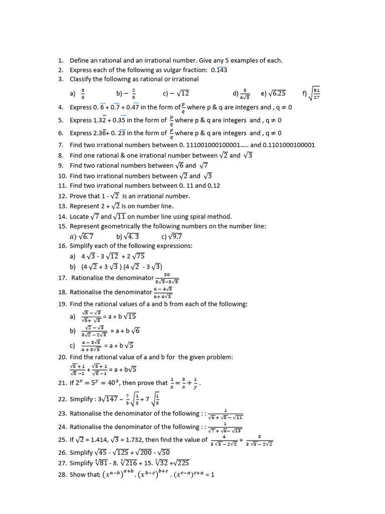 Practice Sheet Class IX Summer Vacation-2025-26 | PDF | Numbers | Rational Number