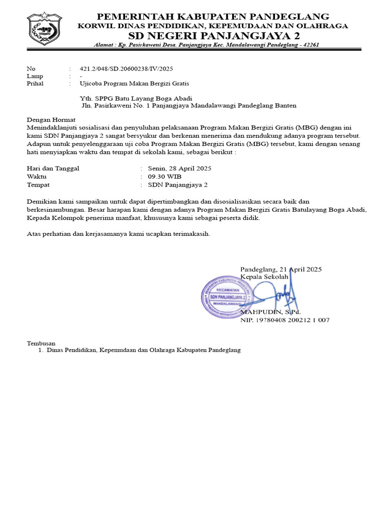Surat Permohonan MBG Panjangjaya 2 | PDF