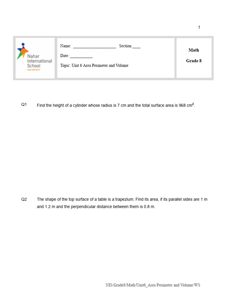 Grade8 Worksheet Ch6 2nd Semester Area, Perimeter and Volume AY2024-25 | PDF