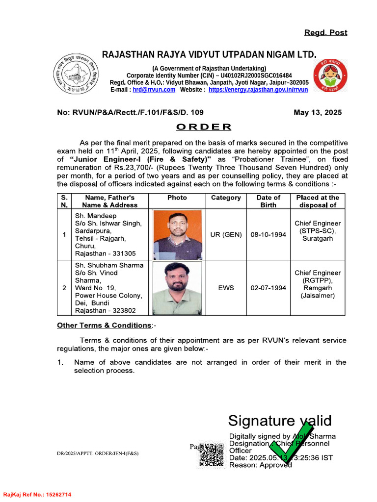 109 Apptt Order JEn-I (Fire and Safety) 2025 | PDF