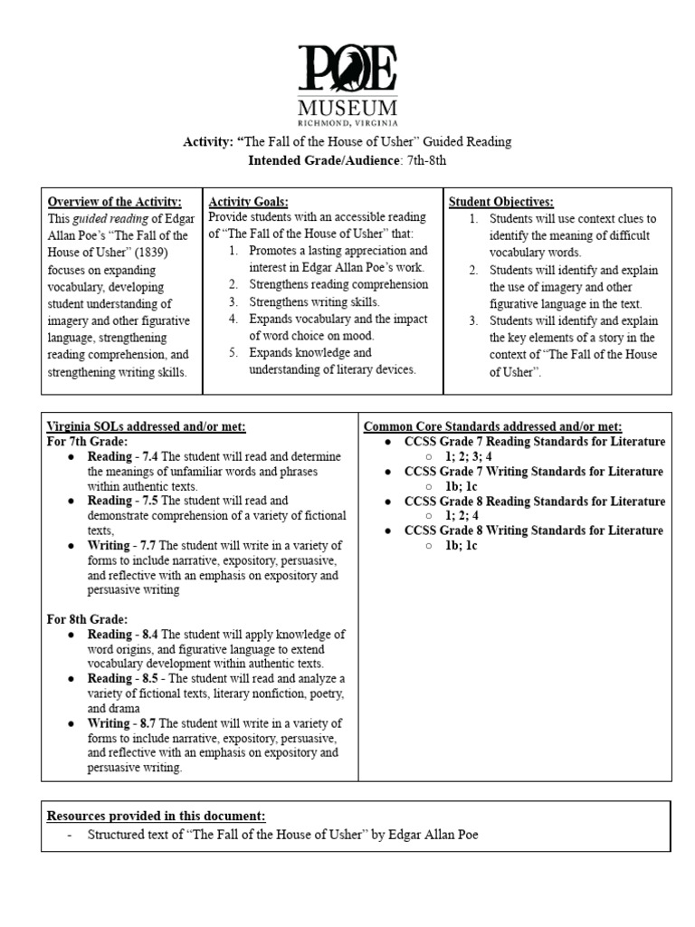 Guided Reading: Fall of the House of Usher | PDF | Reading Comprehension