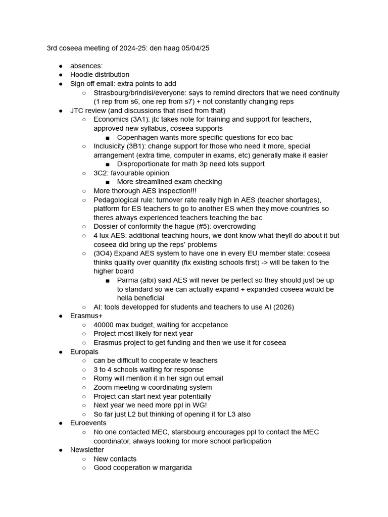 Coseea Meeting Summary 2024-25 | PDF