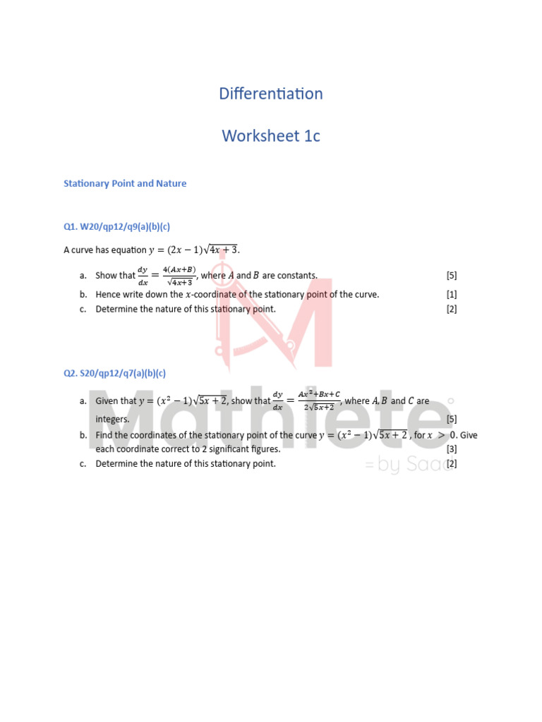 Differentiation Worksheet 1c | PDF | Mathematical Analysis ...