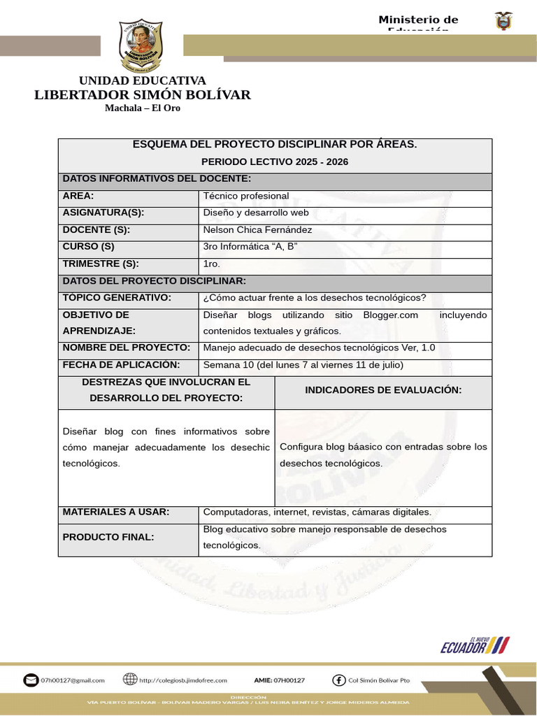 Proyecto Disciplinar Nelson Diseño 3ro Ab Trim 1 2 2025 | PDF | Blog | Aprendizaje