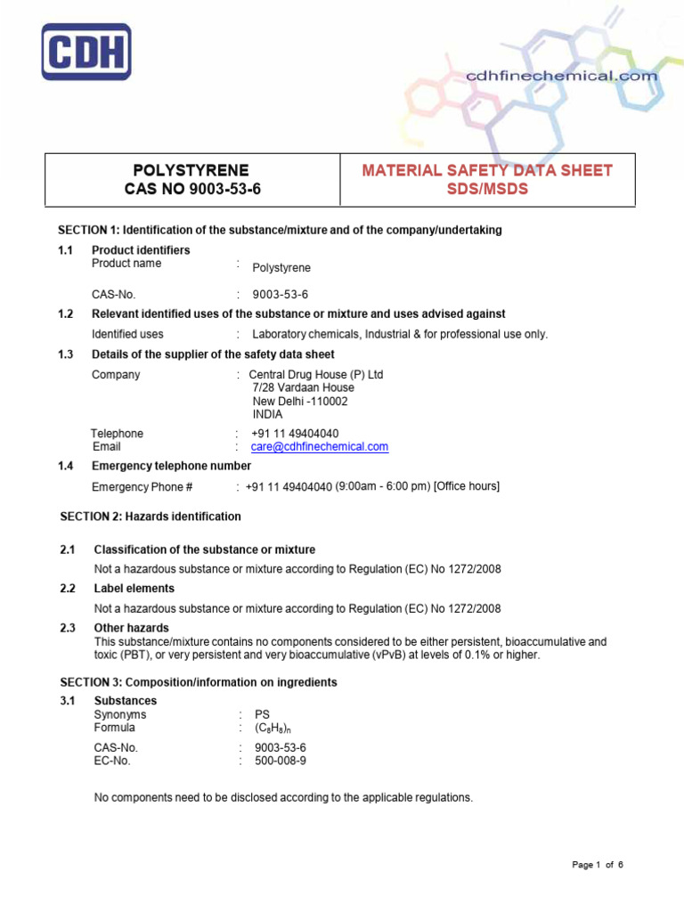 nd_polystyrene_cdhfinechemical_sds | PDF | Dangerous Goods | Benzene