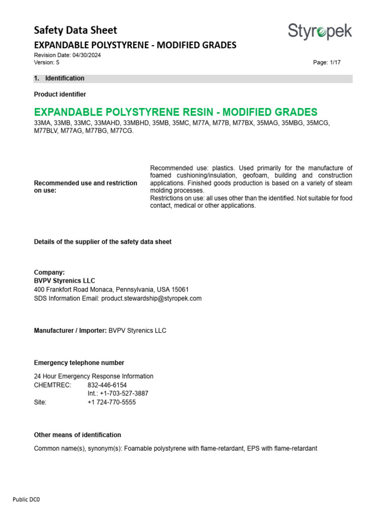 2024 Polystyreneresin Styropek Sds | PDF | Toxicity | Fires