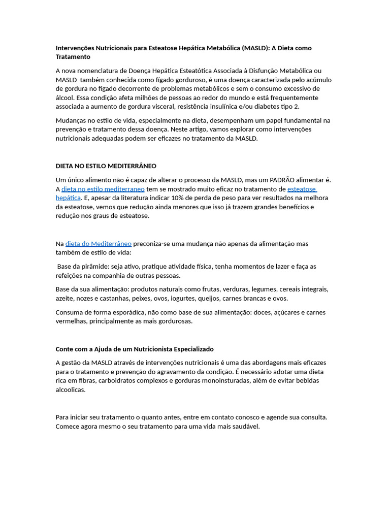 Dieta Mediterrânea no Tratamento de MASLD | PDF