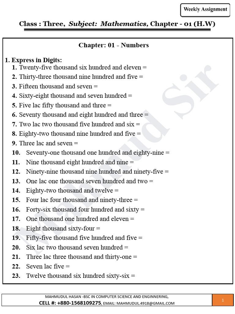 HW Class Three Math Chapter 01 (Half Yearly) .Docx 1 | PDF ...