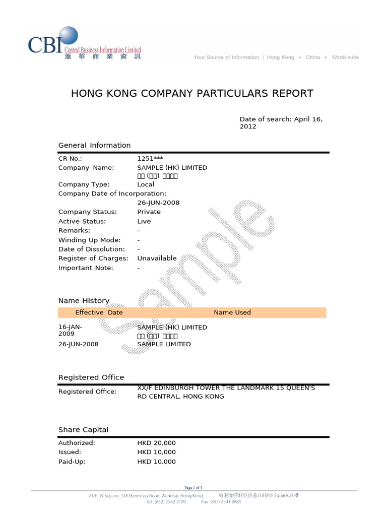 Hong Kong Company Particulars Report | PDF | Hong Kong | South China